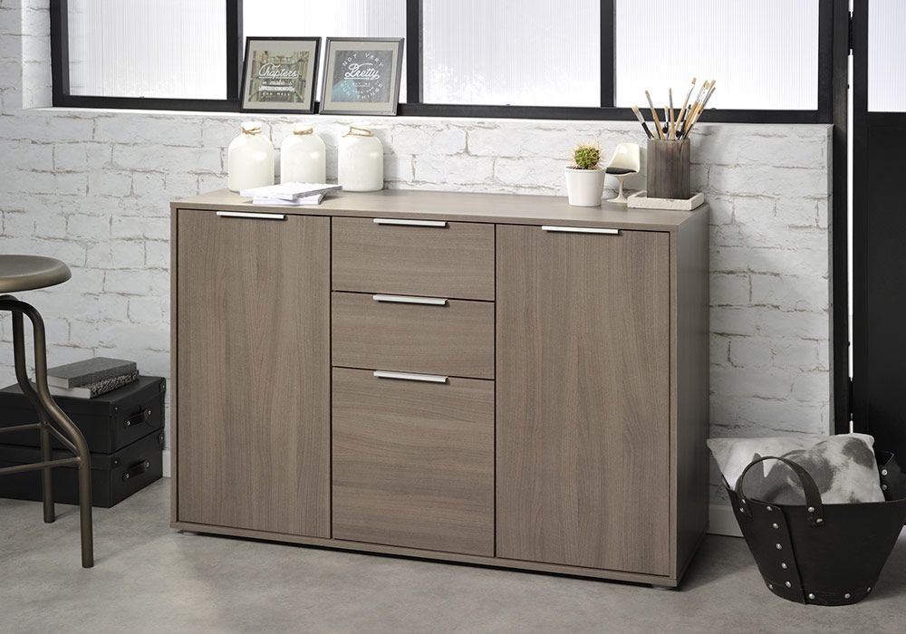 Bahut Bas 2 Portes 3 Tiroirs Axel - couleur noyer - Pratique et solide ...