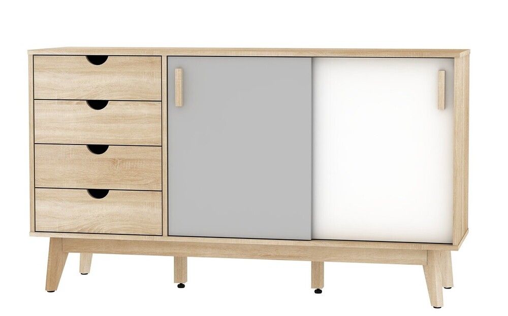 Bahut Bas 2 Portes Coulissantes 4 Tiroirs (Collection Isy) - Kit-M