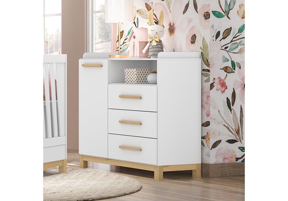 Commode 1 Porte 4 Tiroirs - coloris blanc / pin naturel Kit-M